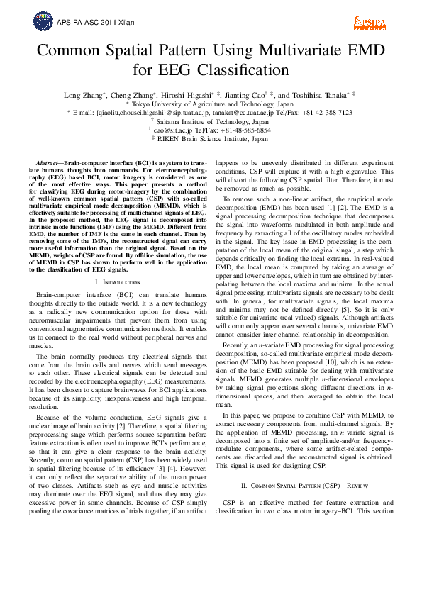 (PDF) Common Spatial Pattern Using Multivariate EMD for EEG Classification
