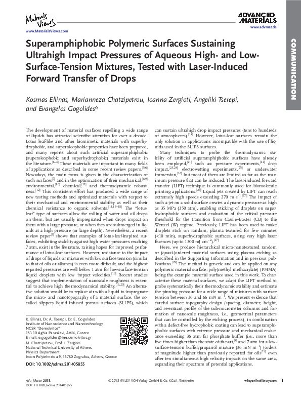 (PDF) Superamphiphobic Polymeric Surfaces Sustaining Ultrahigh Impact ...