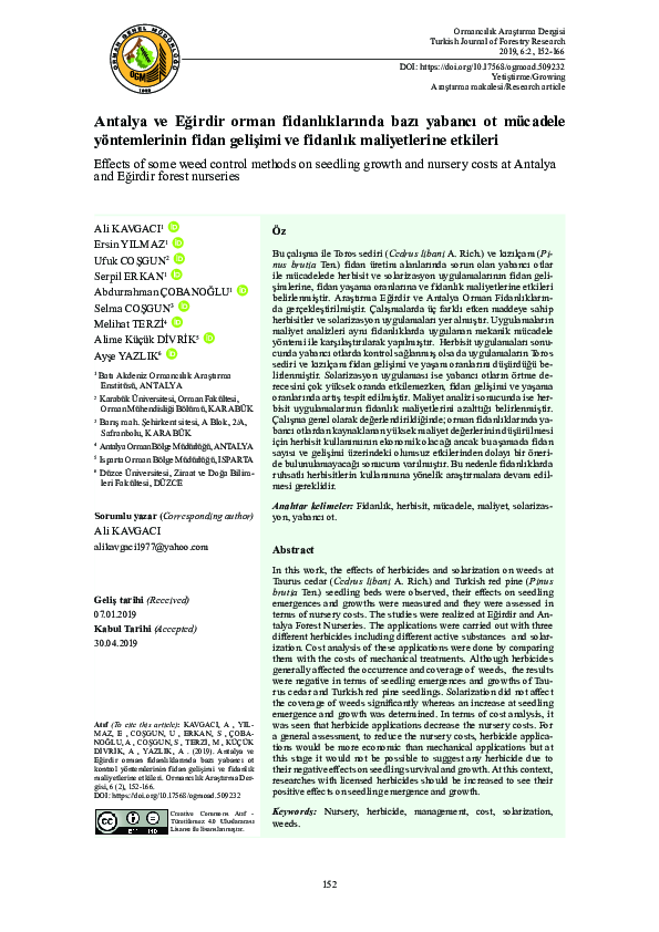 (PDF) Antalya ve Eğirdir orman fidanlıklarında bazı yabancı ot kontrol yöntemlerinin fidan ...