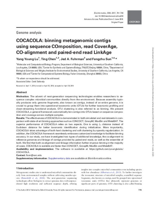 (PDF) COCACOLA: binning metagenomic contigs using sequence COmposition ...
