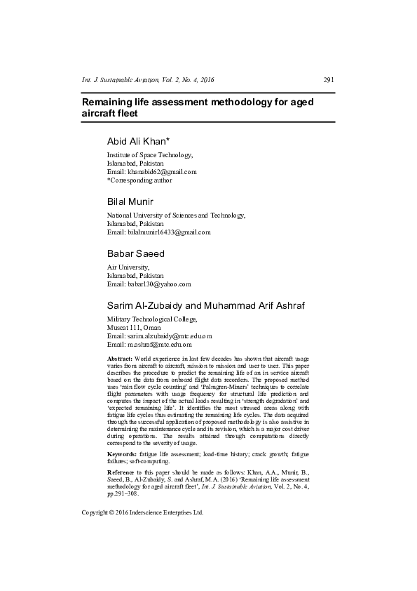 (PDF) Remaining life assessment methodology for aged aircraft fleet
