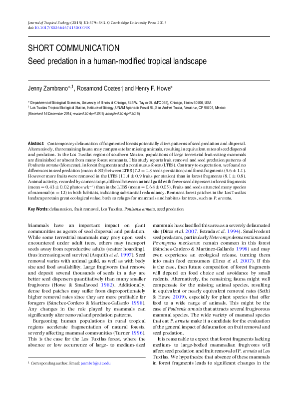 (PDF) Seed predation in a human-modified tropical landscape