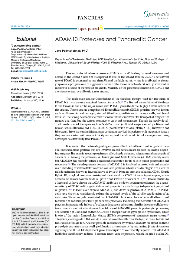 (PDF) ADAM10 Proteases and Pancreatic Cancer