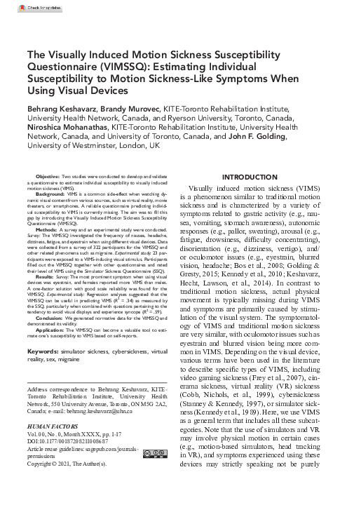 (PDF) The Visually Induced Motion Sickness Susceptibility Questionnaire (VIMSSQ): Estimating ...