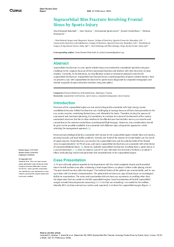 (PDF) Supraorbital Rim Fracture Involving Frontal Sinus by Sports Injury
