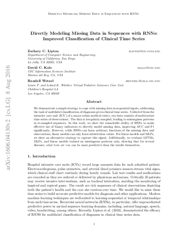 (PDF) Directly Modeling Missing Data in Sequences with RNNs: Improved Classification of Clinical ...