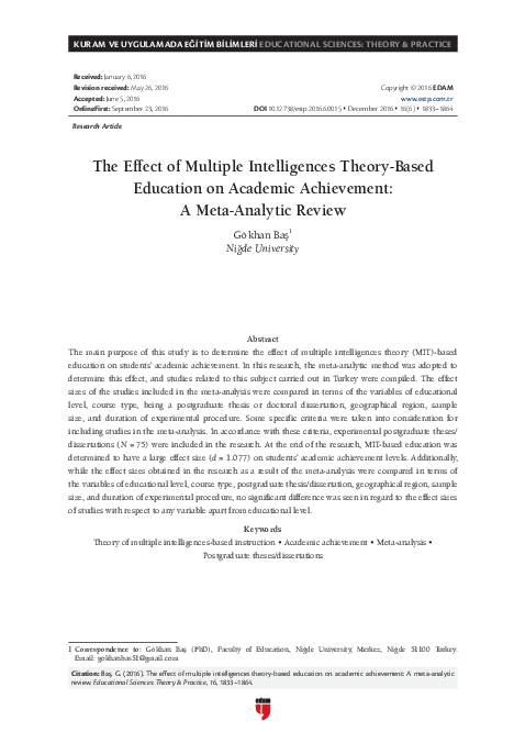 (PDF) The Effect of Multiple Intelligences Theory-Based Education on Academic Achievement: A ...