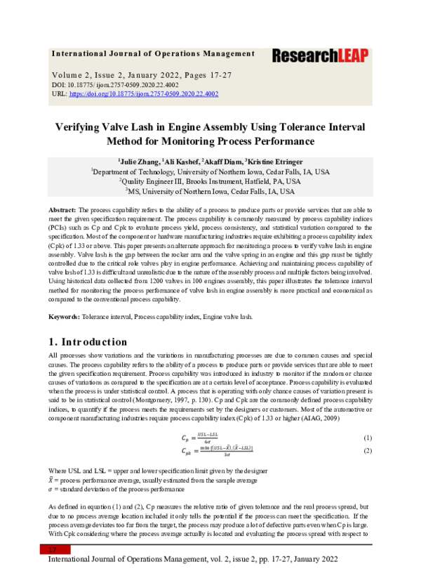(PDF) Verifying Valve Lash in Engine Assembly Using Tolerance Interval Method for Monitoring ...