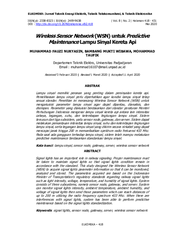 (PDF) Wireless Sensor Network (WSN) untuk Predictive Maintenance Lampu Sinyal Kereta Api