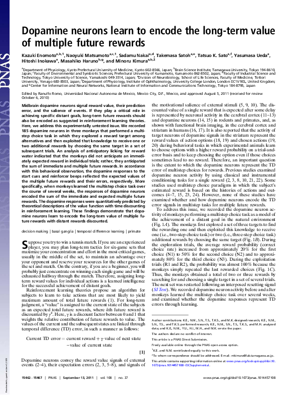 (PDF) Dopamine neurons learn to encode the long-term value of multiple future rewards