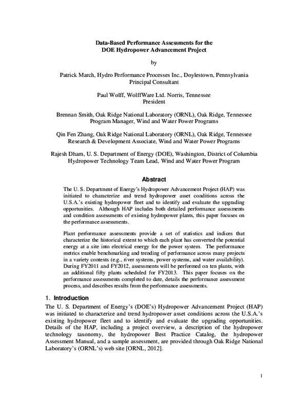(PDF) Data-Based Performance Assessments for the DOE Hydropower ...