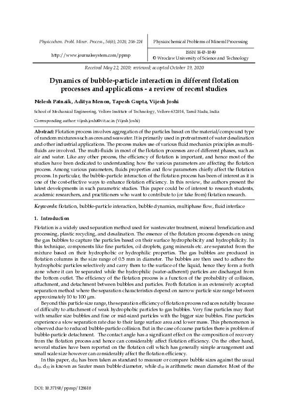 Pdf Dynamics Of Bubble Particle Interaction In Different Flotation Processes And Applications