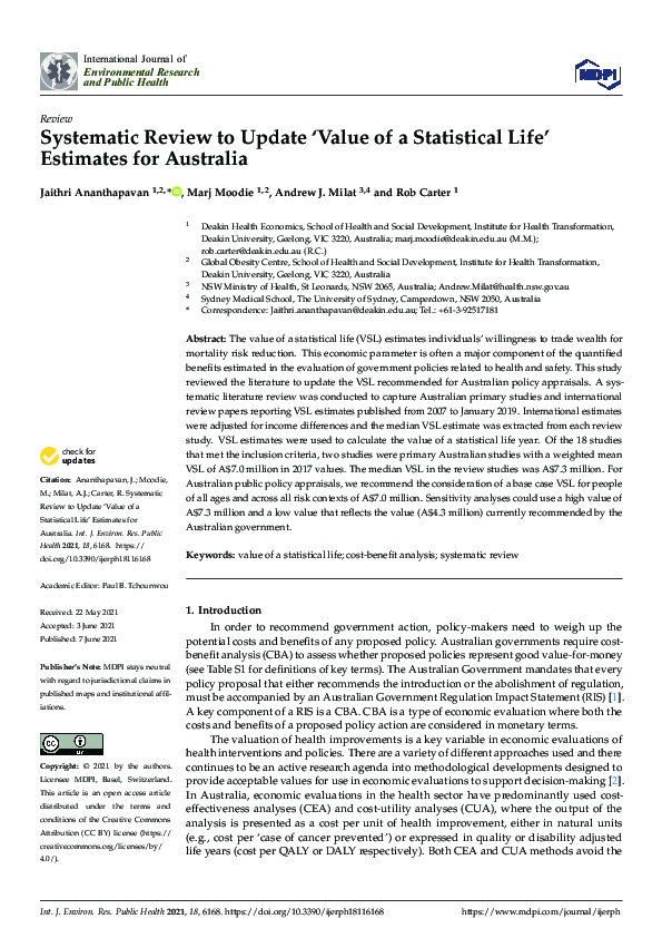 (PDF) Systematic Review to Update ‘Value of a Statistical Life ...