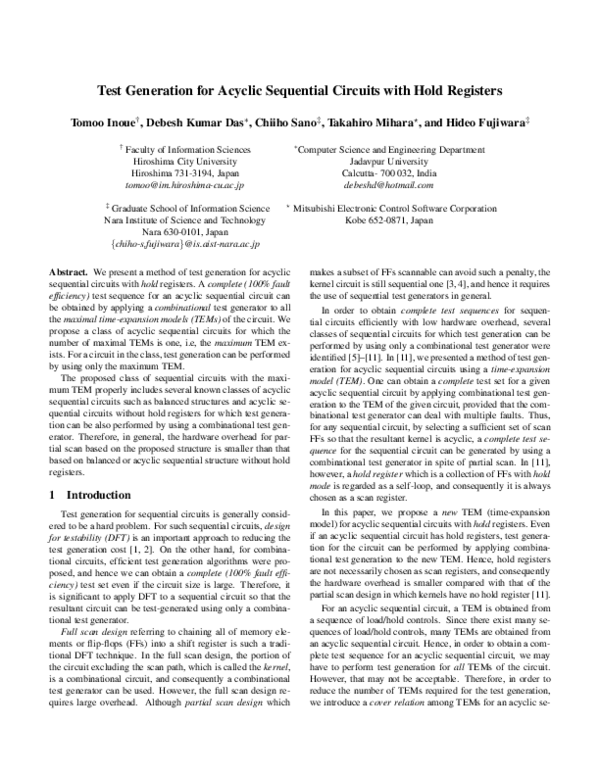Pdf Test Generation For Acyclic Sequential Circuits With Hold Registers Chiiho Sano