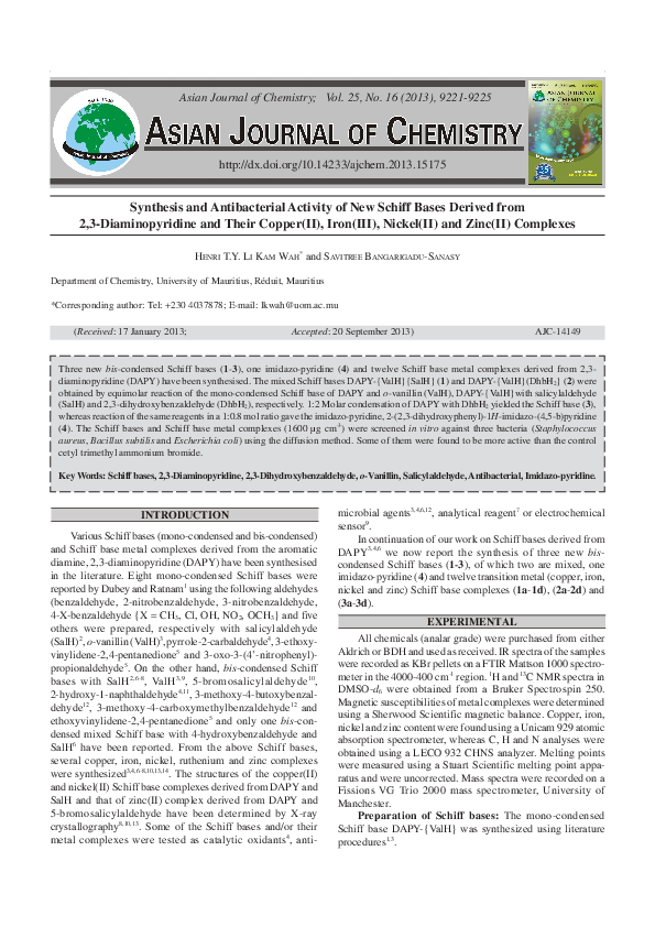 (PDF) Synthesis and Antibacterial Activity of New Schiff Bases Derived from 2,3-Diaminopyridine ...