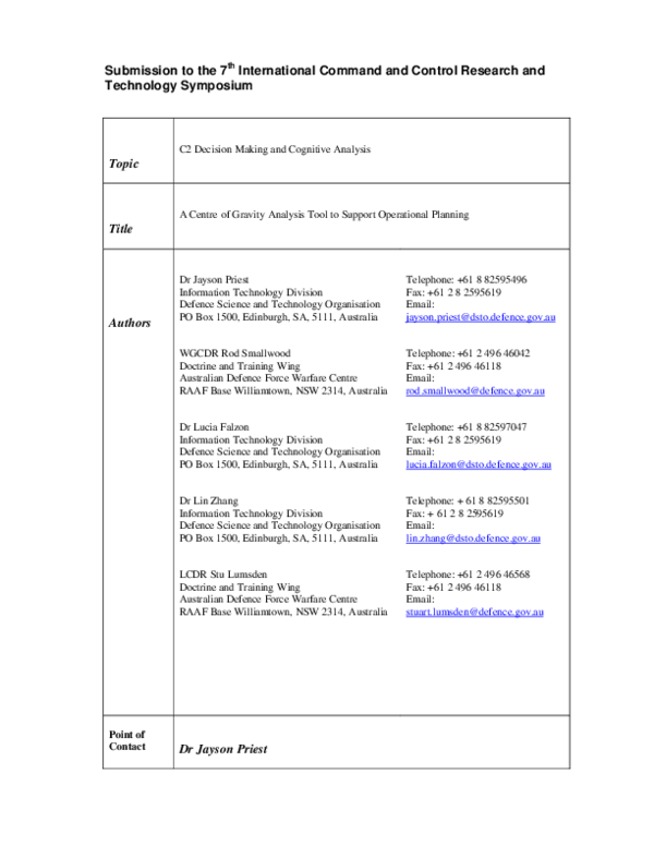 (PDF) A Centre of Gravity Analysis Tool to Support Operational Planning