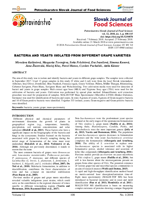 (PDF) Bacteria and yeasts isolated from different grape varieties