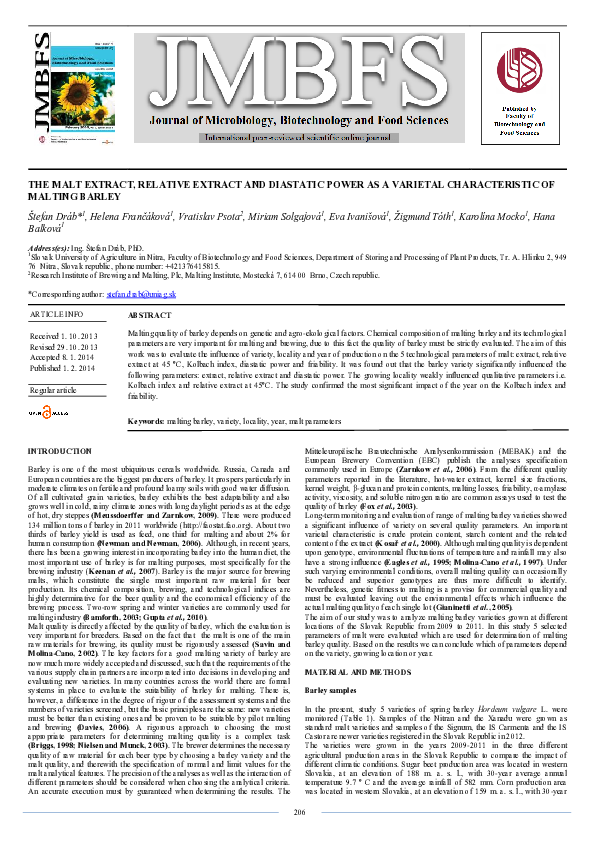 (PDF) The malt extract, relative extract and diastatic power as a ...