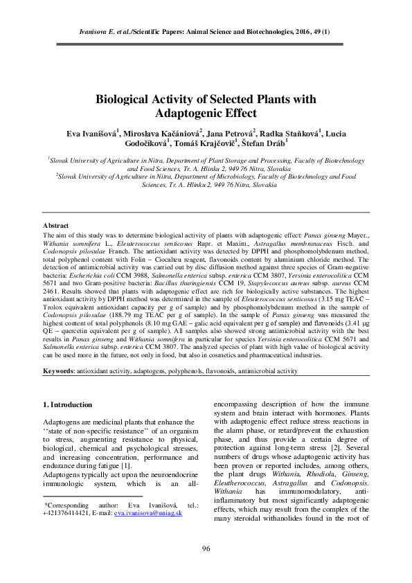(PDF) Biological activity of selected plants with adaptogenic effect