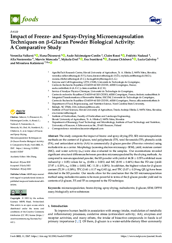 Pdf Impact Of Freeze And Spray Drying Microencapsulation Techniques On β Glucan Powder
