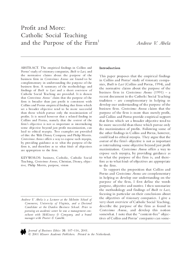 (PDF) Profit and More: Catholic Social Teaching and the Purpose of the Firm