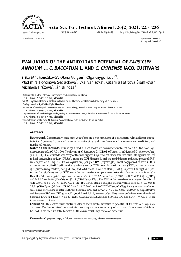 (PDF) Evaluation of the antioxidant potential of Capsicum annuum L., C ...