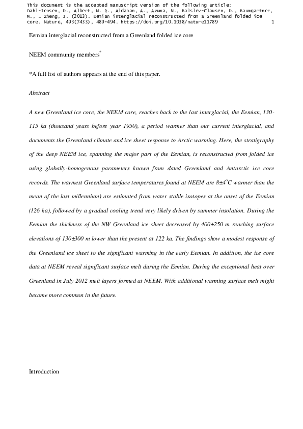 (PDF) Eemian interglacial reconstructed from a Greenland folded ice core
