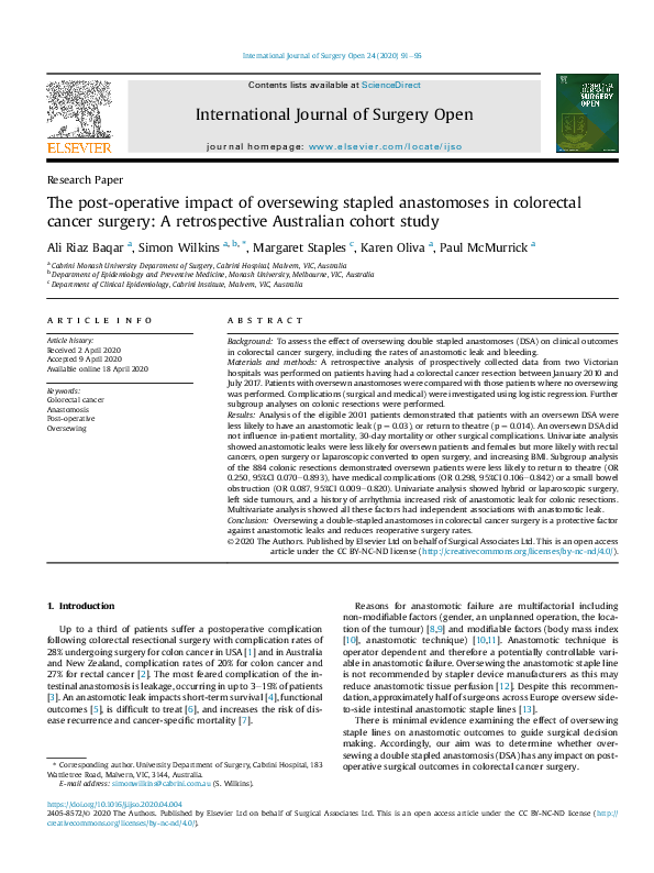 (PDF) The post-operative impact of oversewing stapled anastomoses in ...