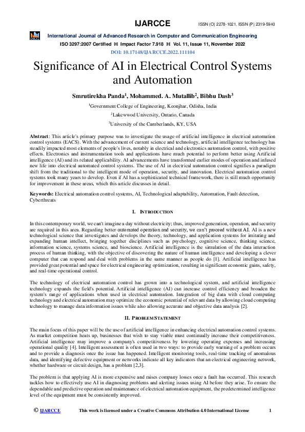 (PDF) Significance of AI in Electrical Control Systems and Automation