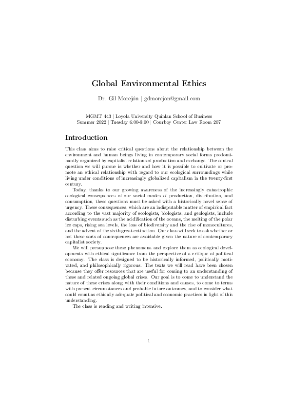 (PDF) Global Environmental Ethics (Summer 2022)