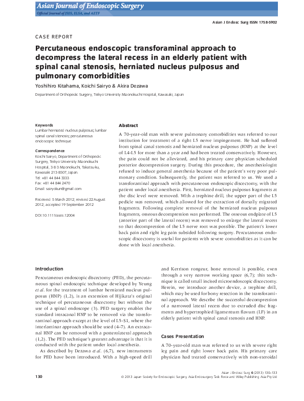 (PDF) Percutaneous endoscopic transforaminal approach to decompress the ...