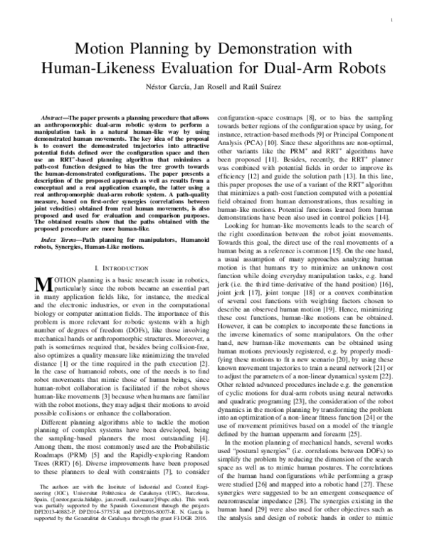 (PDF) Motion Planning by Demonstration With Human-Likeness Evaluation for Dual-Arm Robots