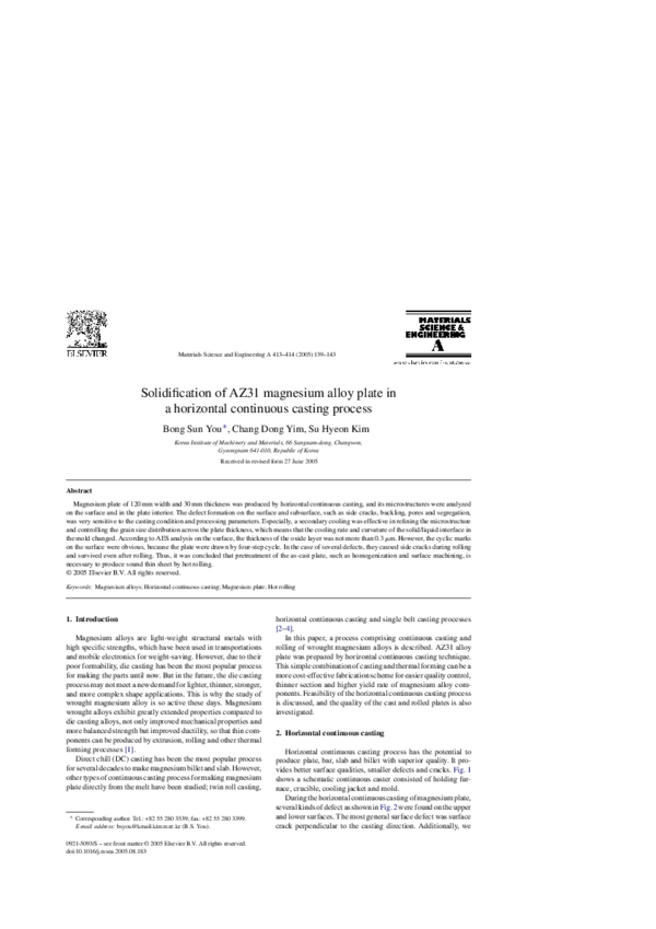 Pdf Solidification Of Az31 Magnesium Alloy Plate In A Horizontal Continuous Casting Process