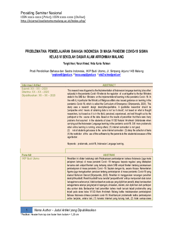 (PDF) Problematika Pembelajaran Bahasa Indonesia DI Masa Pandemi COVID19 Siswa Kelas VI Sekolah ...