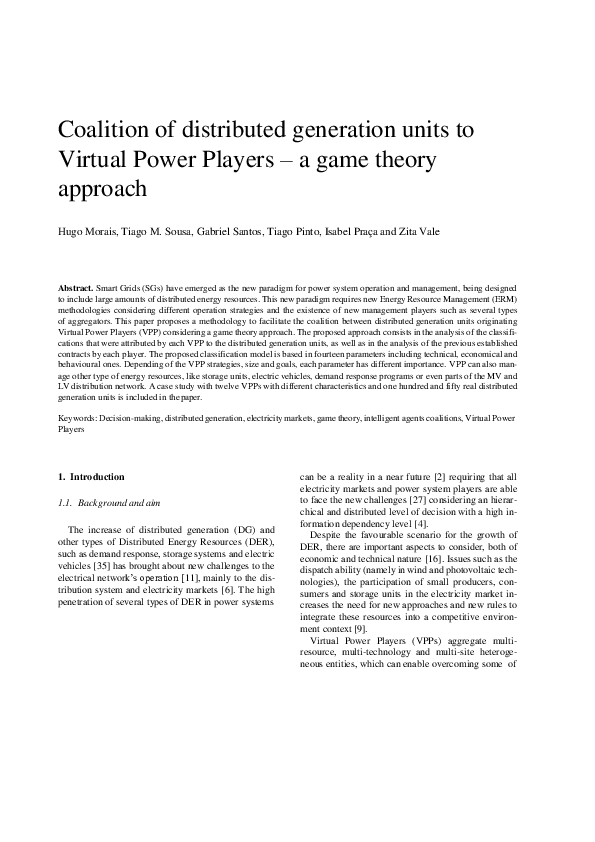 (PDF) Coalition of distributed generation units to Virtual Power Players - a game theory approach