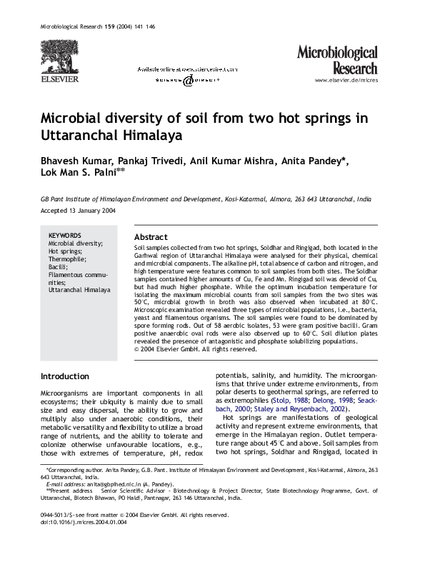 (PDF) Microbial diversity of soil from two hot springs in Uttaranchal Himalaya | Pankaj Trivedi ...