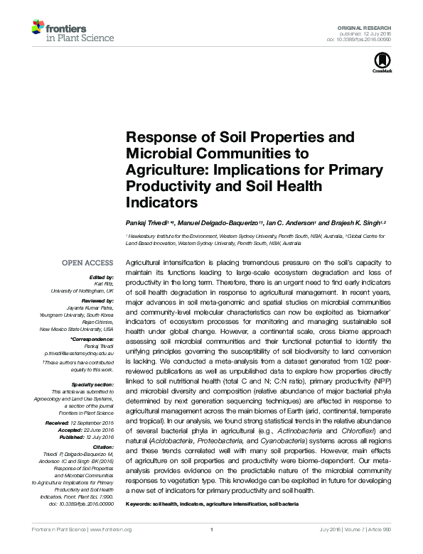 (PDF) Response of Soil Properties and Microbial Communities to Agriculture: Implications for ...