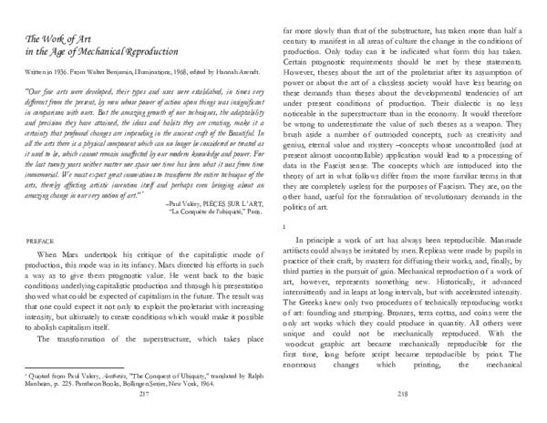 (PDF) The Work of Art in the Age of Mechanical Reproduction