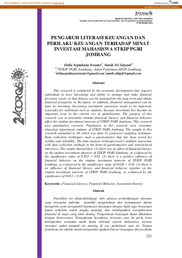 (PDF) Pengaruh Literasi Keuangan Dan Perilaku Keuangan Terhadap Minat Investasi Mahasiswa Stkip ...