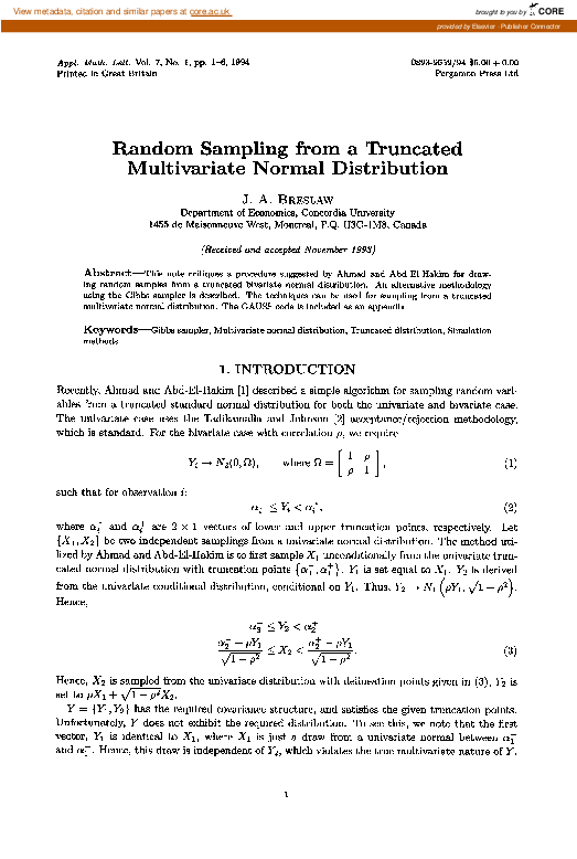 (PDF) Random sampling from a truncated multivariate normal distribution