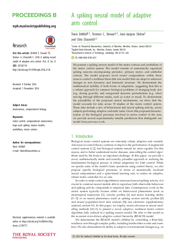 (PDF) A spiking neural model of adaptive arm control