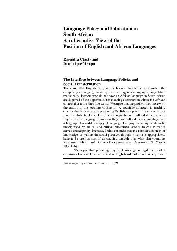 (PDF) Language policy and education in South Africa: An alternative ...
