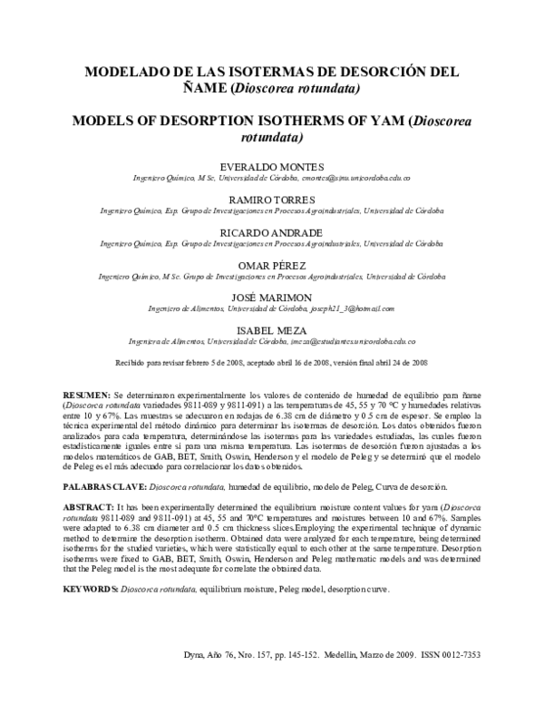 (PDF) MODELADO DE LAS ISOTERMAS DE DESORCIÓN DEL ÑAME (Dioscorea ...