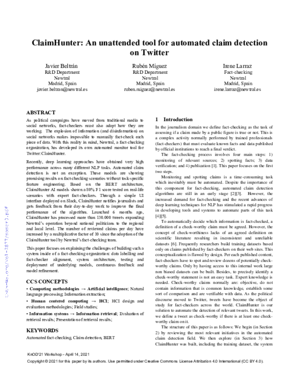 (PDF) ClaimHunter: An unattended tool for automated claim detection on ...
