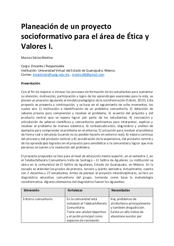 (PDF) Planeación de un proyecto socioformativo para el área de Ética y Valores I | Marcos Sixtos ...