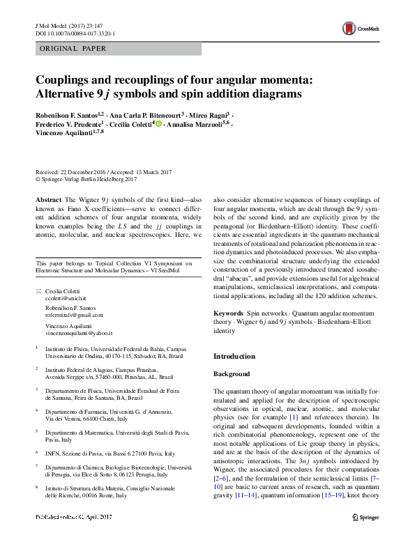 (PDF) Couplings and recouplings of four angular momenta: Alternative 9j symbols and spin ...