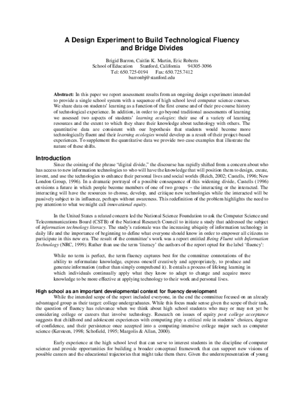 (PDF) A design experiment to build technological fluency and bridge divides