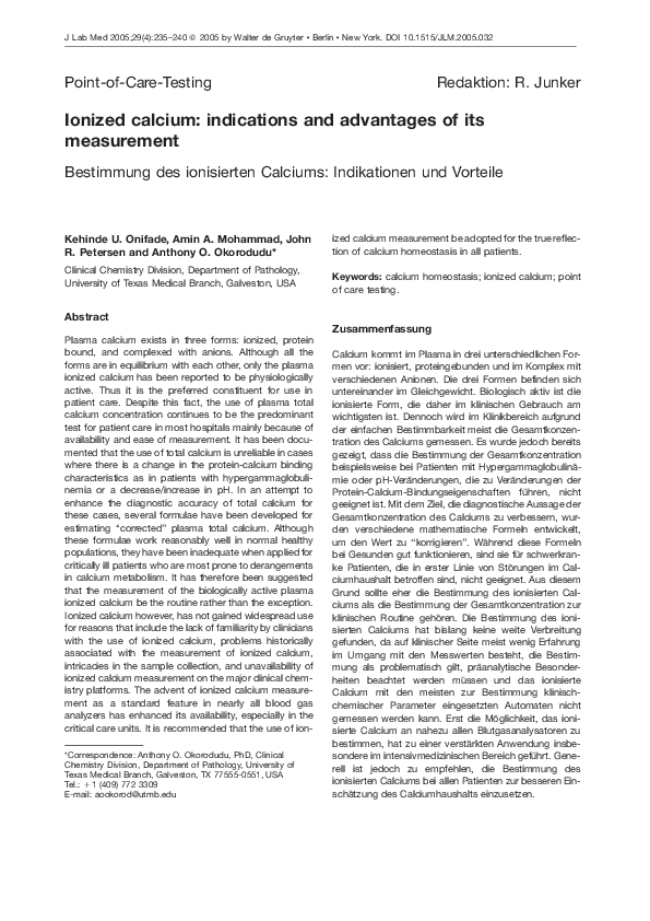 (PDF) Ionized calcium: indications and advantages of its measurement ...