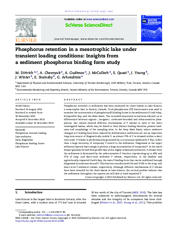 (PDF) Phosphorus retention in a mesotrophic lake under transient ...