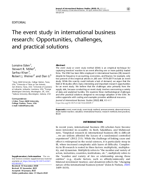 (PDF) The event study in international business research: Opportunities ...